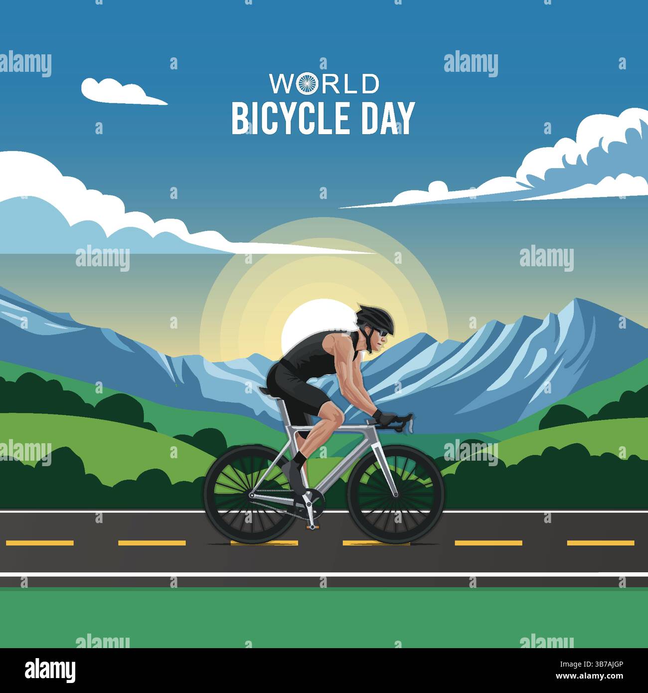 World Bicycle Day with cyclist riding on road against mountain sunset ...
