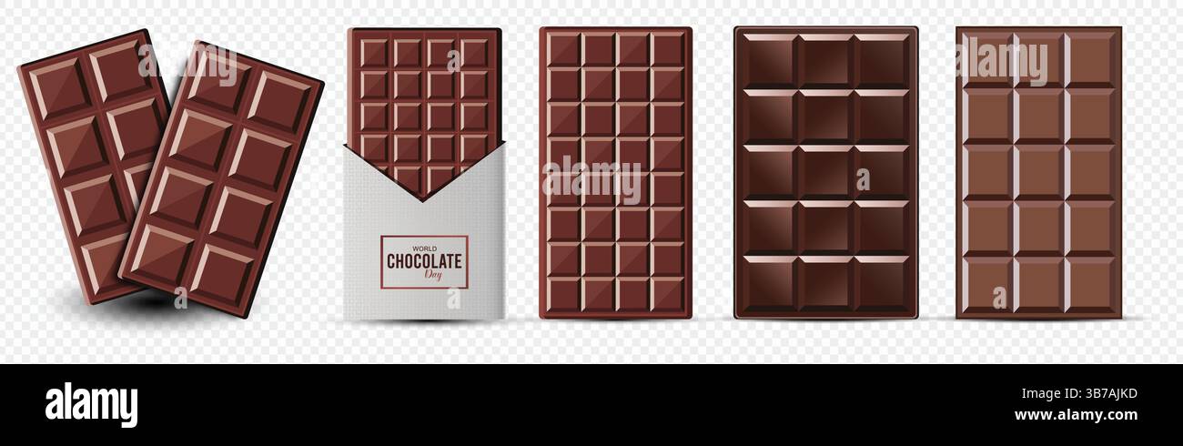 Set of chocolate bars in various presentations on transparent ...