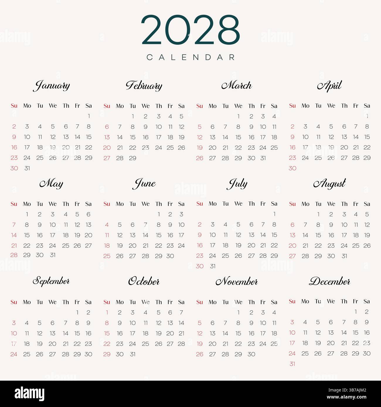 Simple 2028 calendar planner template with all twelve months Stock ...