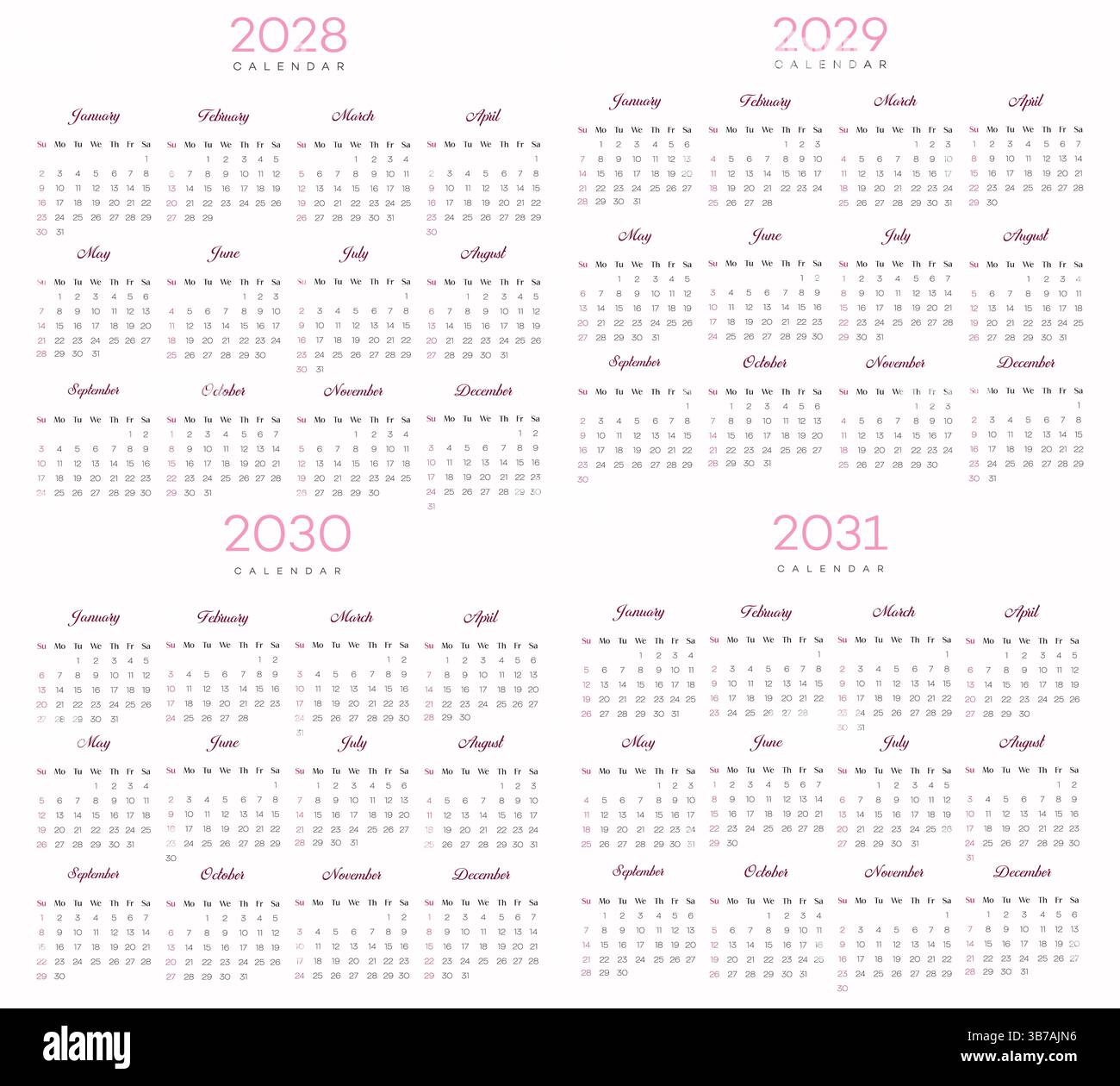 Four-Year Calendar Template for 2028, 2029, 2030, and 2031 Stock Vector Image & Art - Alamy