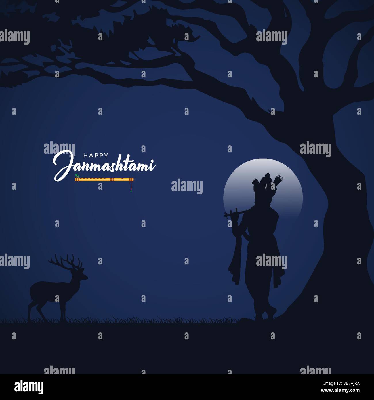 Lord Krishna Janmashtami Silhouette Under Moon and Tree at Night Stock ...