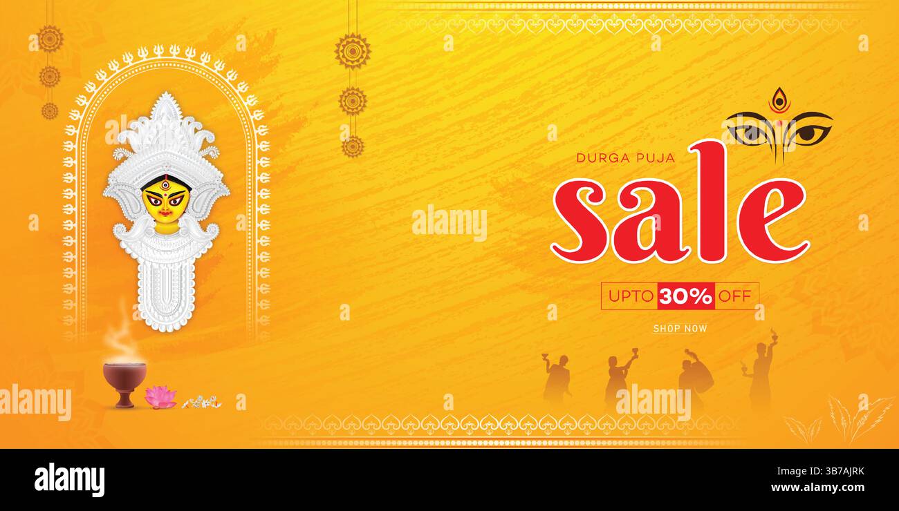 Durga Puja Sale Banner with Goddess Durga Idol and Offers Stock Vector ...