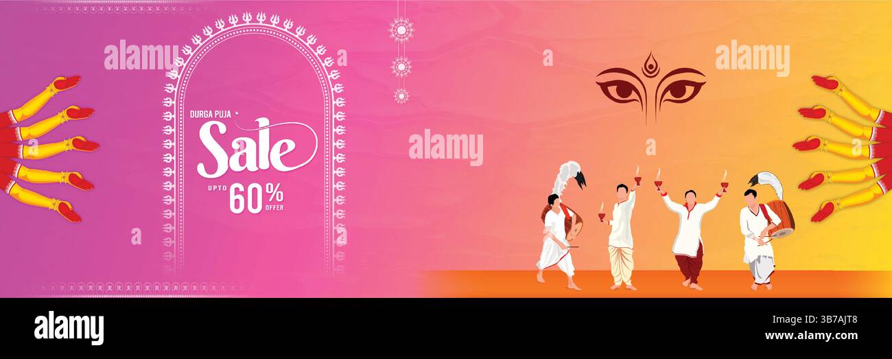 Happy Sharadiya Durga Puja sale banner with goddess eyes and people ...