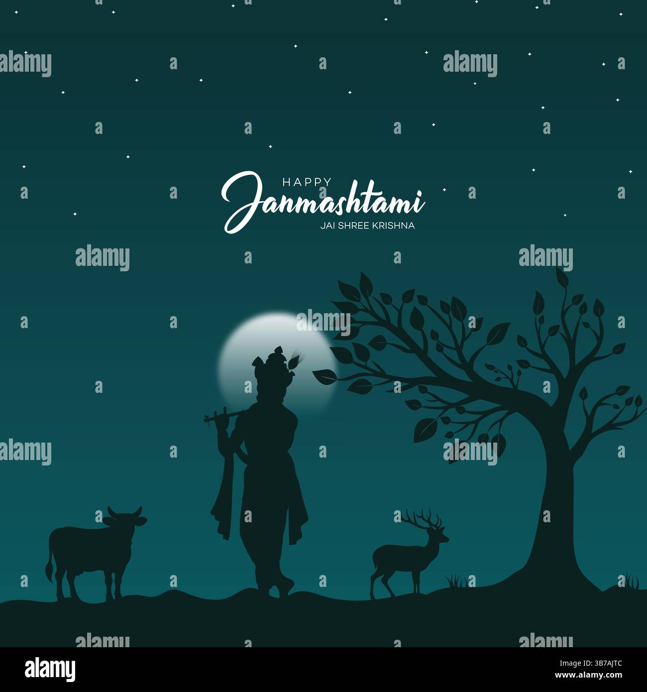 Happy Janmashtami greeting with Lord Krishna silhouette and full moon ...