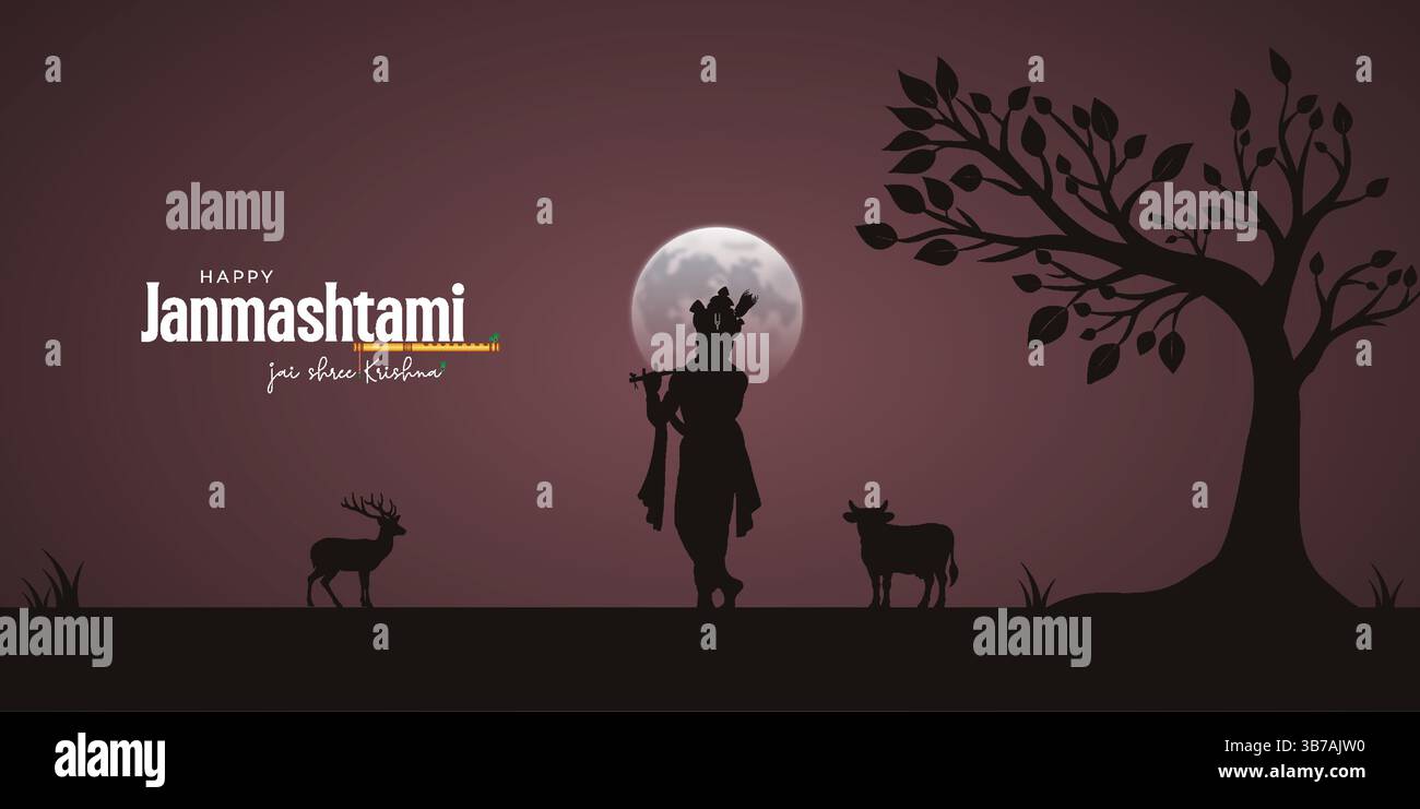 Happy Janmashtami banner with Lord Krishna deer cow and full moon Stock ...