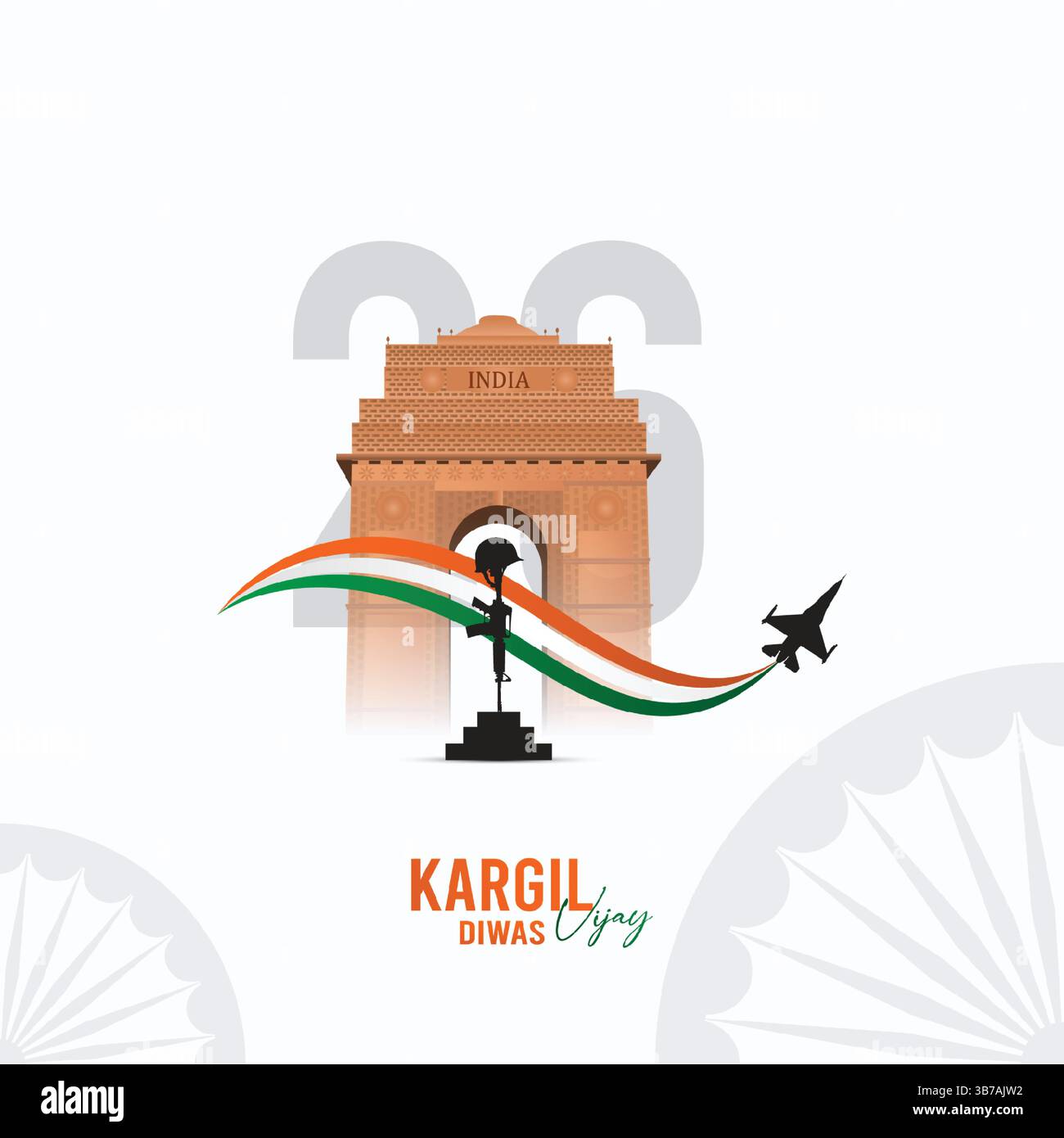 Kargil Vijay Diwas India Gate memorial with Indian flag ribbon and jet ...