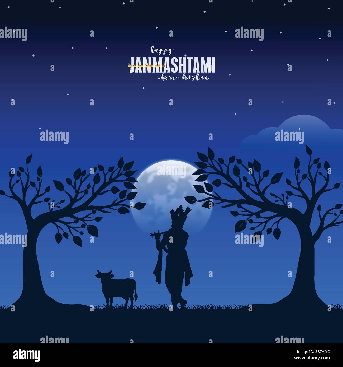 Happy Janmashtami: Lord Krishna with Moon and Silhouette Stock Vector ...