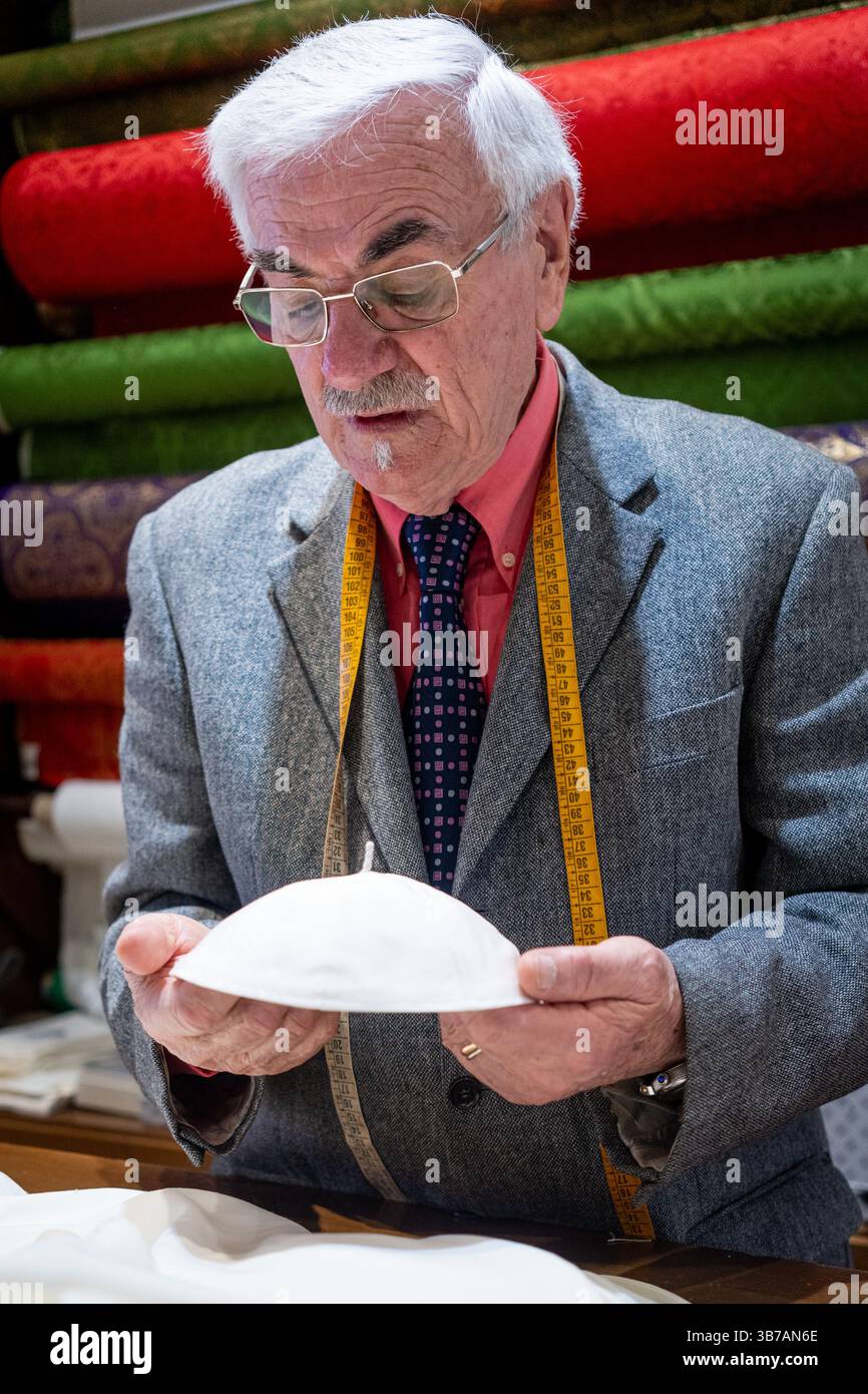 Rome, Italy. 05th May, 2025. Raniero Mancinelli shows the skullcap of ...