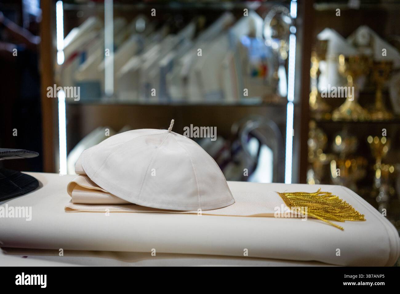 Rome, Italy. 05th May, 2025. Zucchetto and sash of the future Pope seen ...