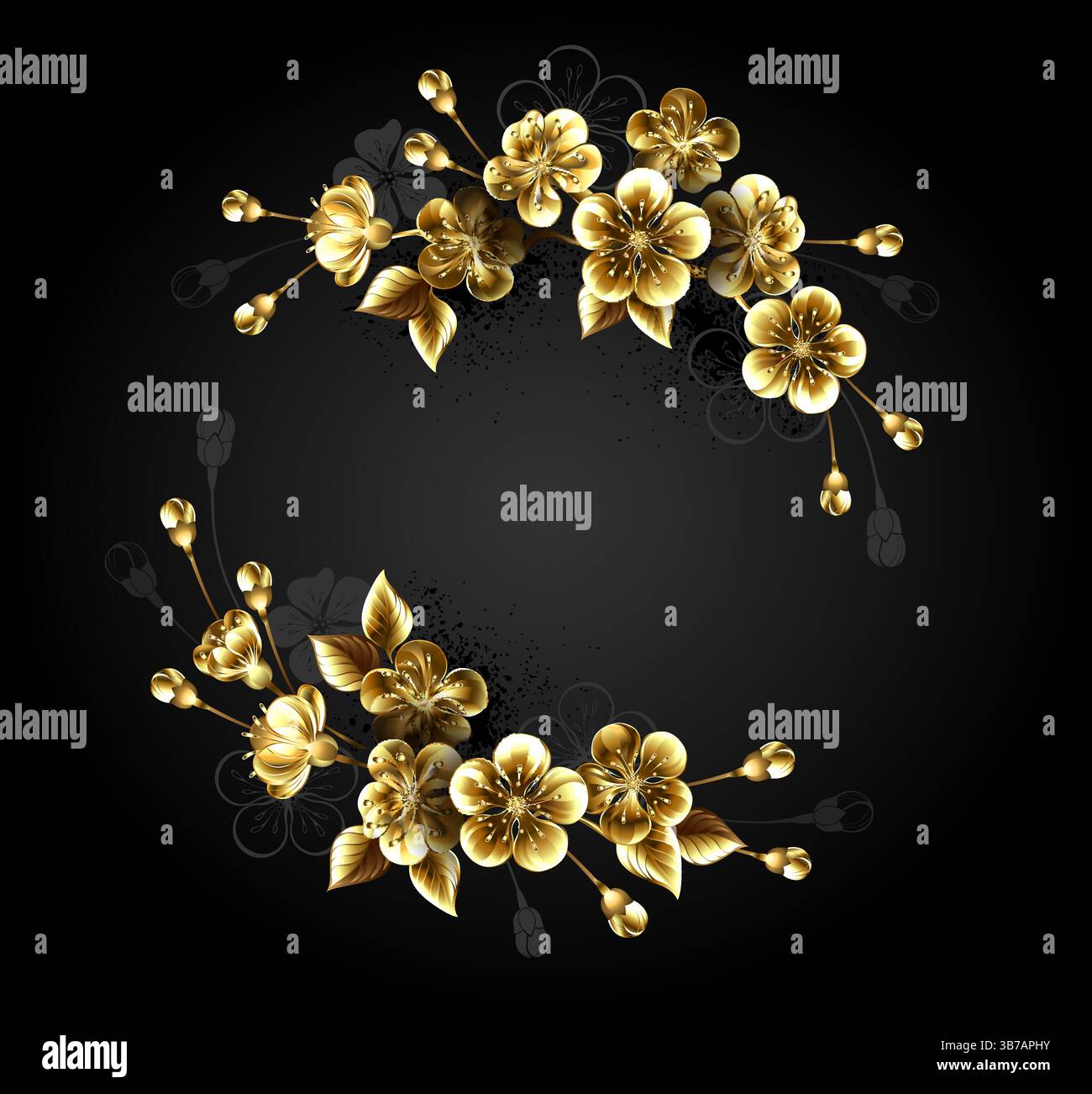Round monogram of jeweled twigs, gold cherry blossom on black ...