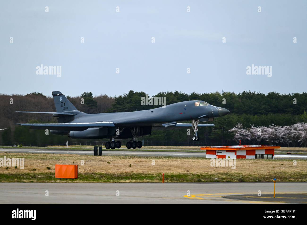 A B-1B Lancer lands after completing a mission during Bomber Task Force ...