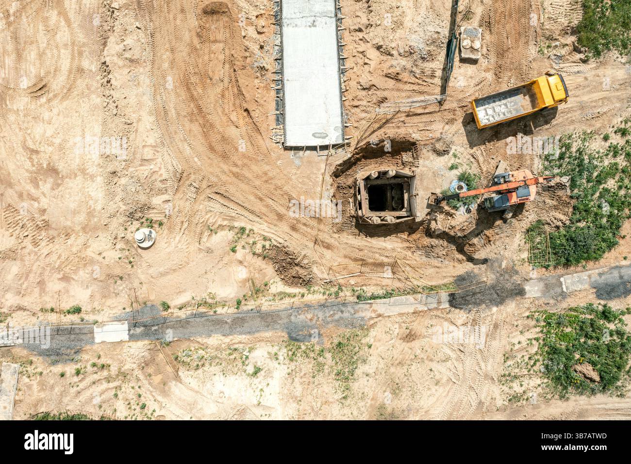 excavator and dump truck during earthmoving works at a building site. aerial top view Stock ...