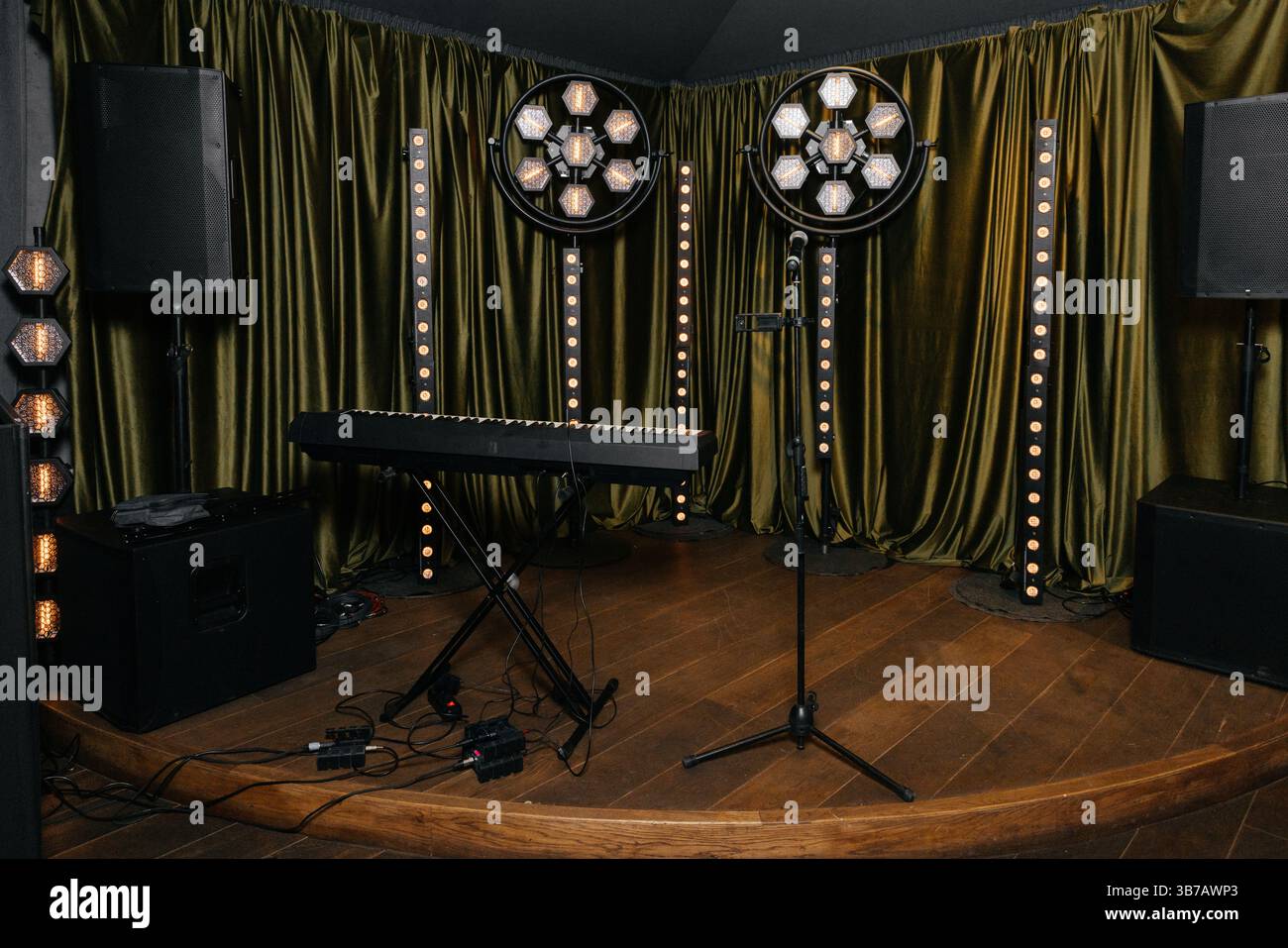 Music stage setup for an event, equipped with a synthesizer and stage ...