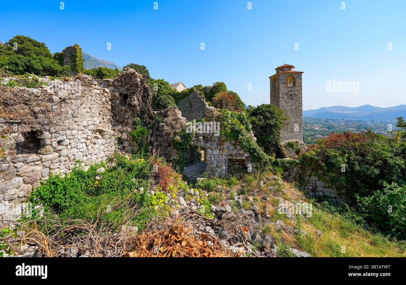 Clock tower of Stari grad Bar (Old Town of Bar), the ruins of an ...
