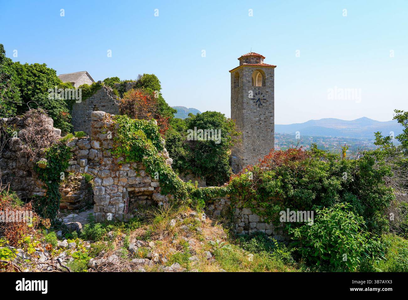 Clock tower of Stari grad Bar (Old Town of Bar), the ruins of an ...