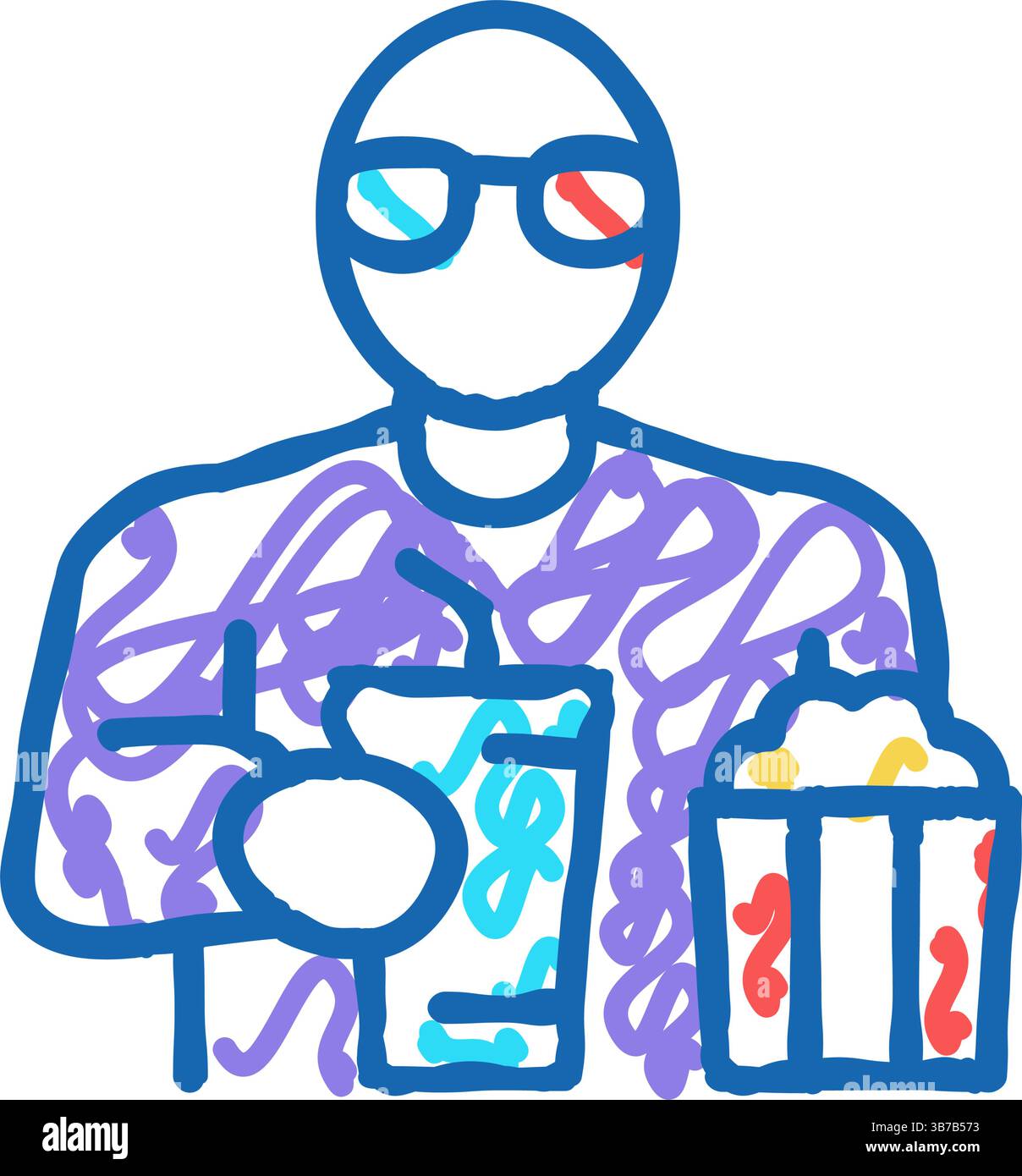 spectator watching movie and eating popcorn in cinema icon doodle ...