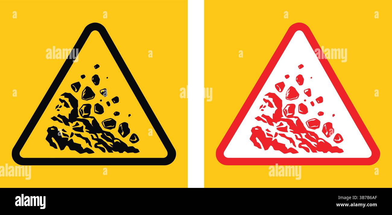 Yellow triangle warning sign indicating landslide zone or unstable ...