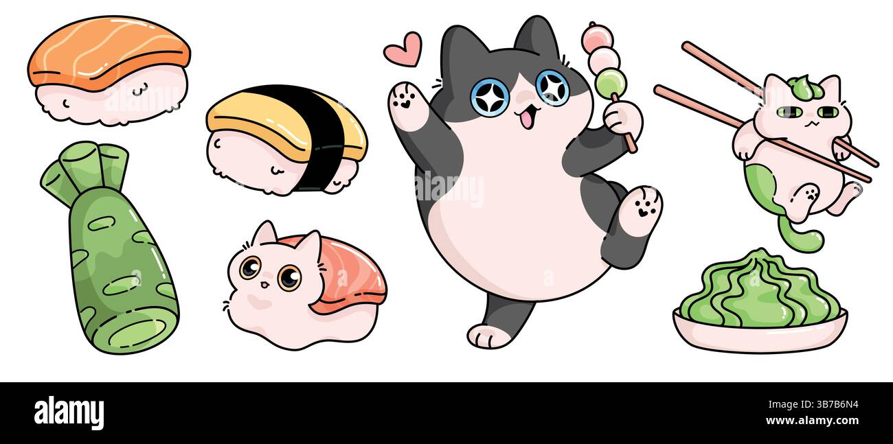 Kawaii Asian food cat stickers - cute kitties lying as rice for sushi ...