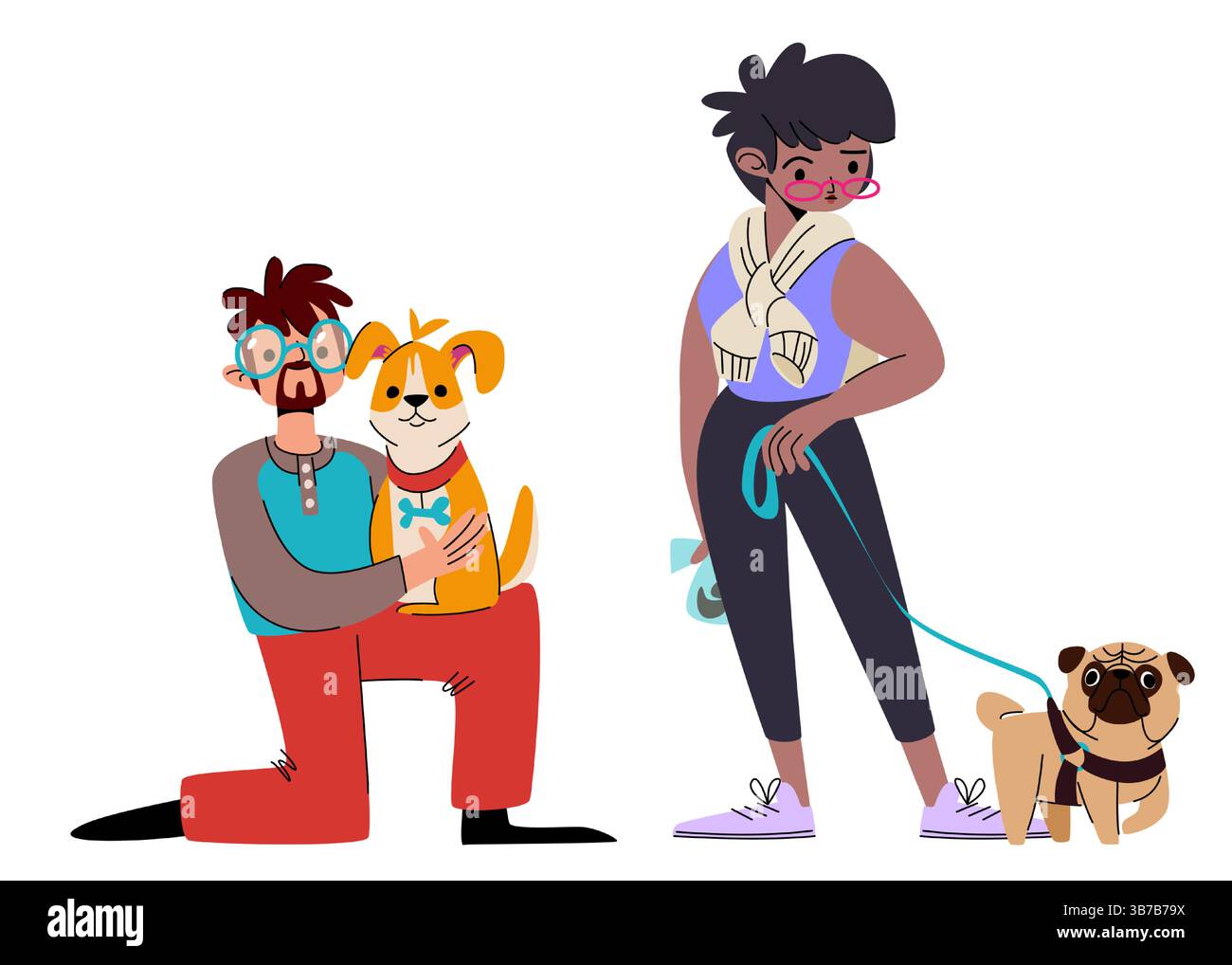 Cartoon characters walking dogs - man with puppy, woman strolling pug ...