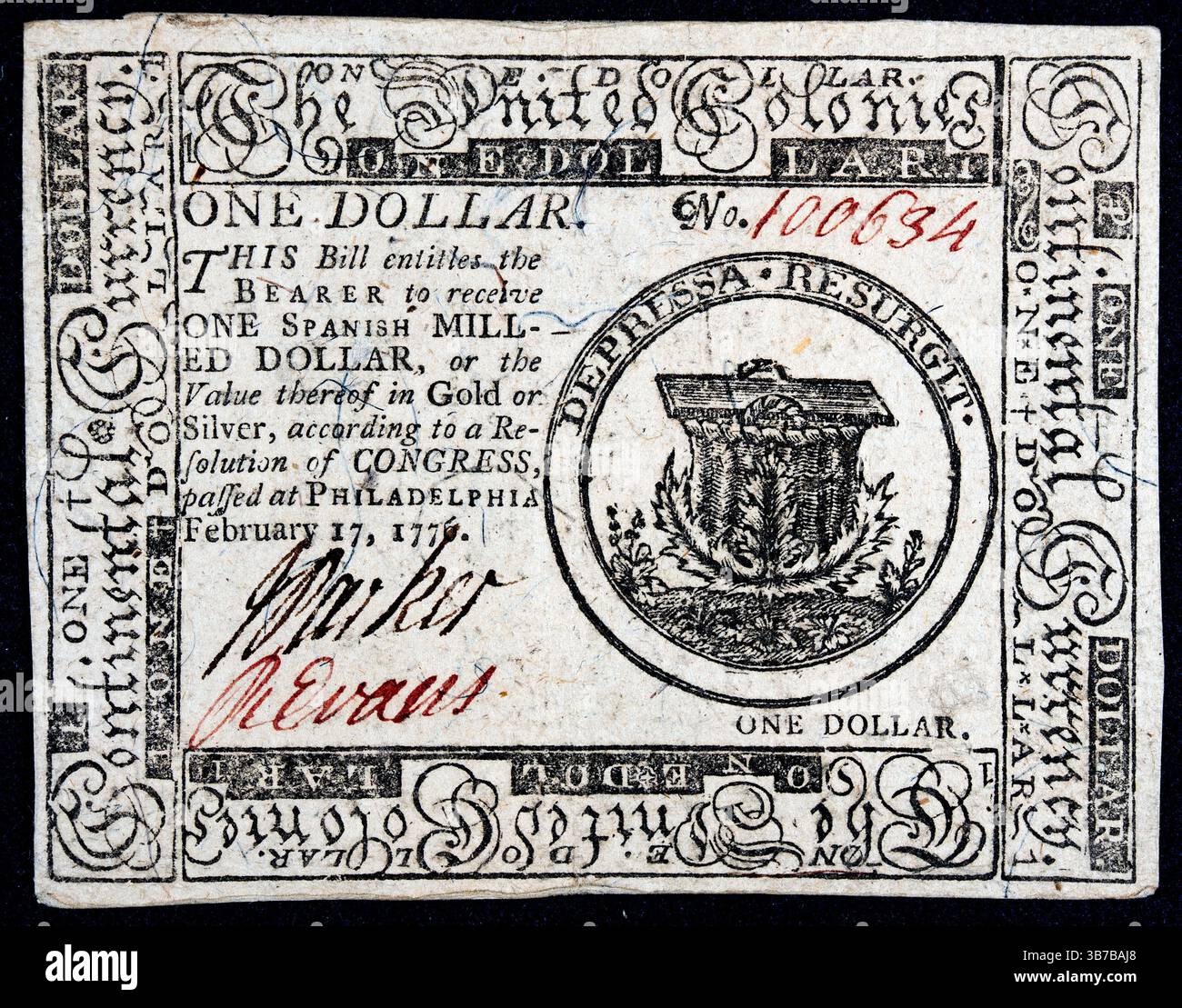 Continental Currency (One Dollar) United Colonies 1776 banknote Stock ...