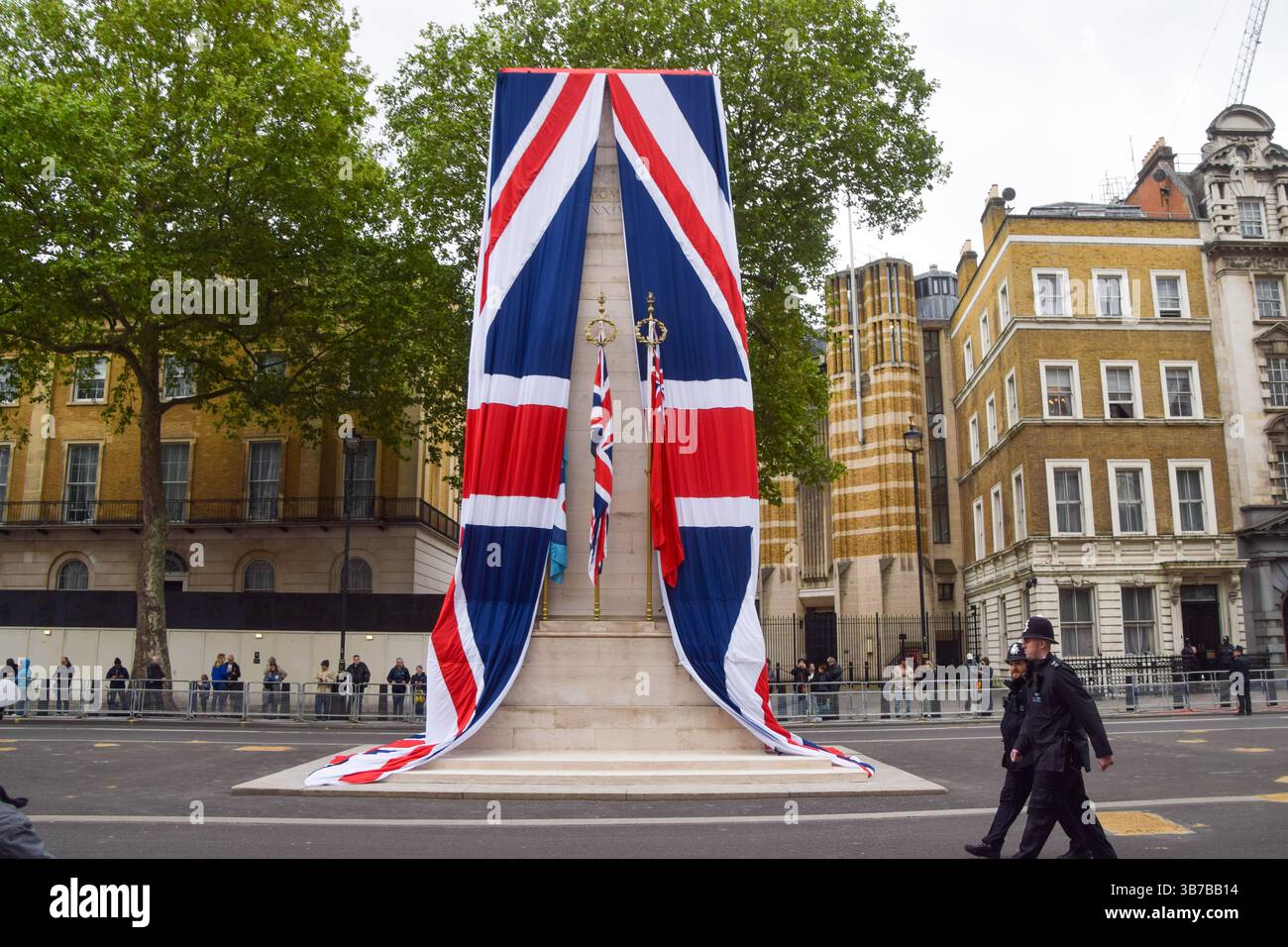 London, UK. 05th May, 2025. The Cenotaph war memorial is draped in ...