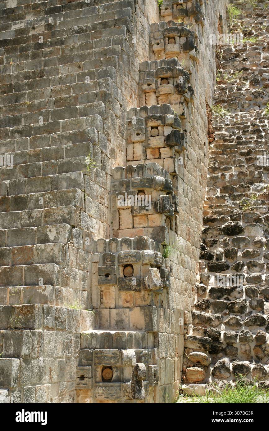 Mexico. Uxmal. Pyramid of the Magician. Staircase. Relief sculpture of ...