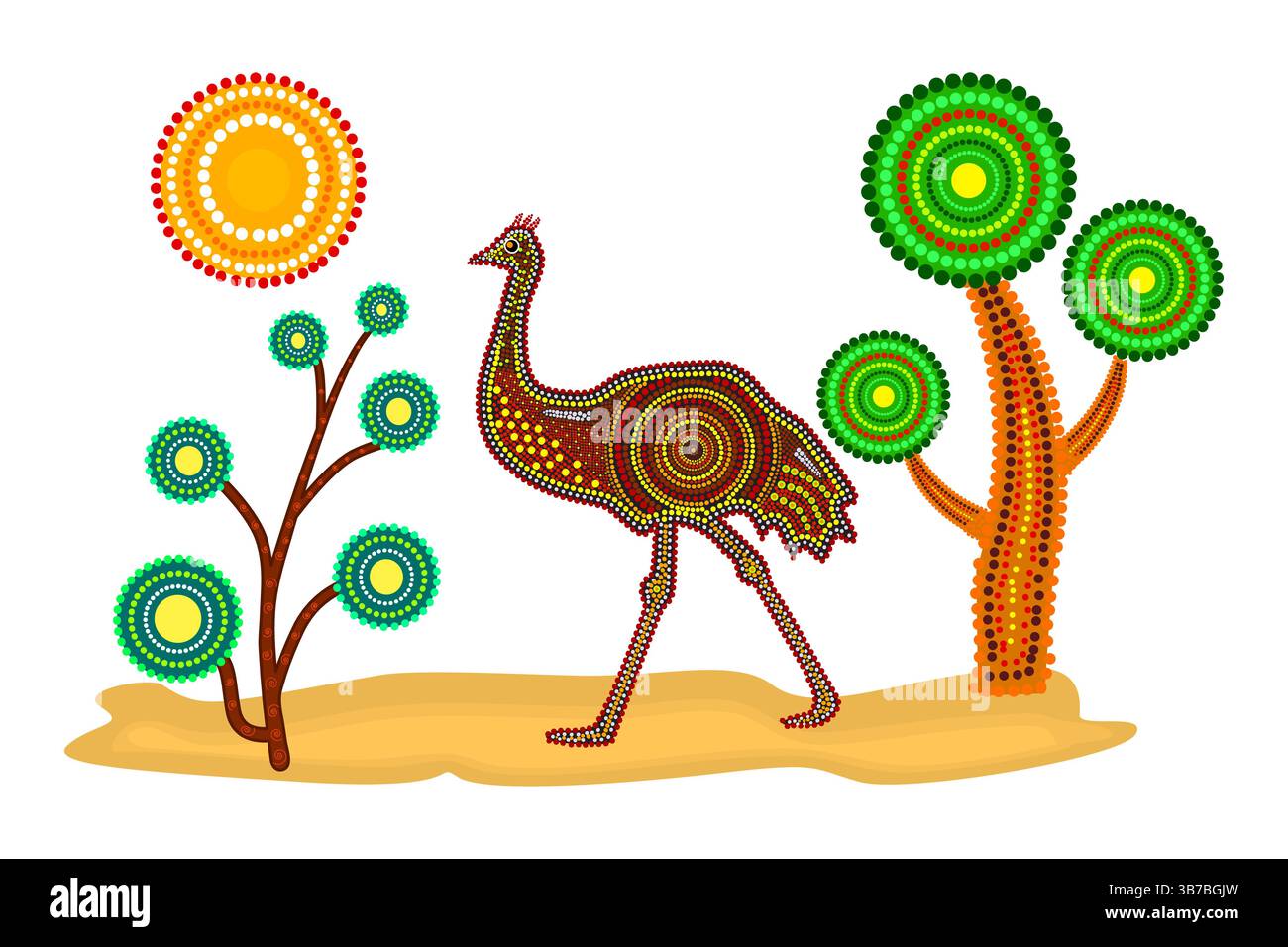 Ostrich in decorative ethnic style. Landscape with emu, tree and sun ...