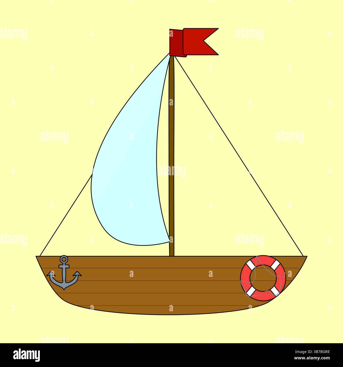 Summer illustration of sailboat with red flag, anchor and life ...