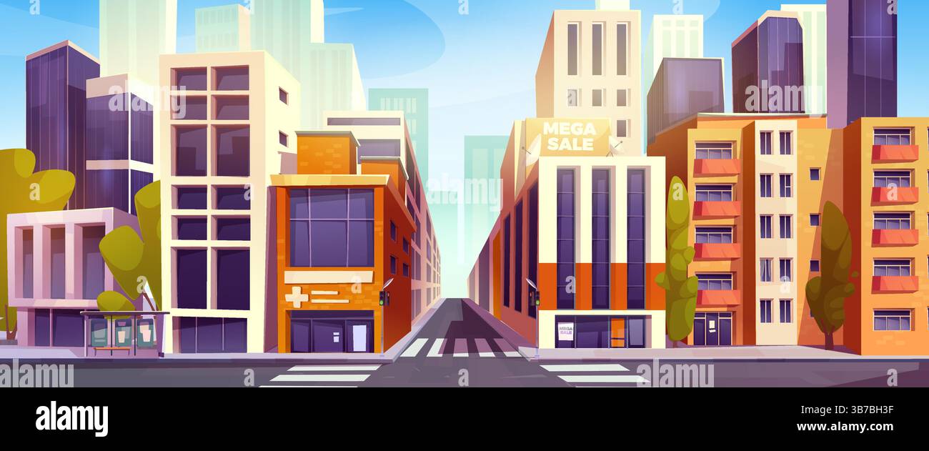 City crossroad vector illustration - diverse architecture buildings ...