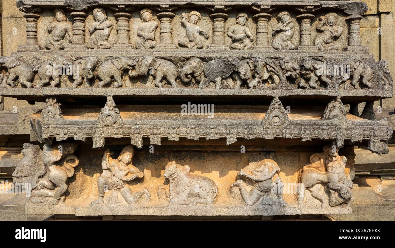Ancient carvings of dancers, musicians, and elephants on Shri Pachchala ...