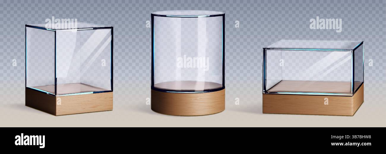 Glass museum display cases with wood bases - minimalist three sizes of ...