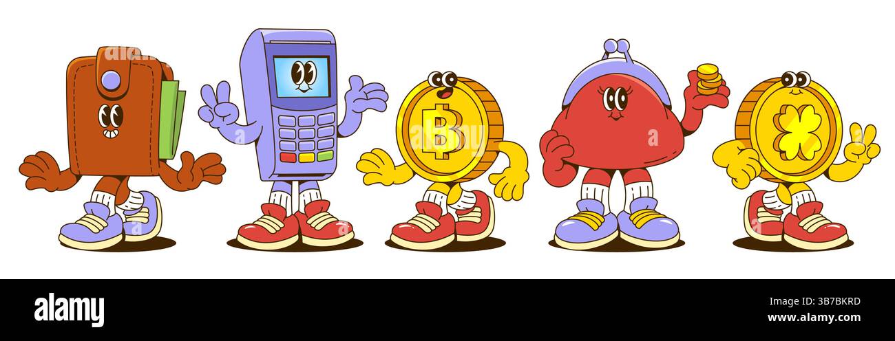Retro cartoon money characters - wallet with banknote and payment ...
