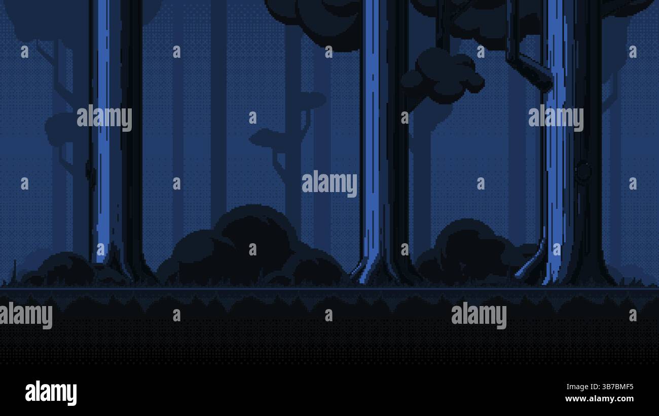Dark forest at night pixel art. Horizontal seamless pixelated backdrop ...