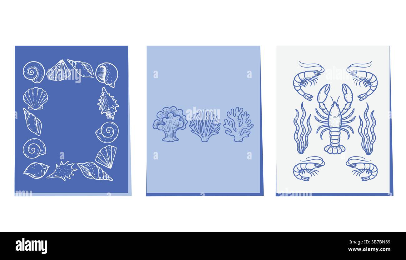 Set of three nautical illustrations with seashell frames, coral ...