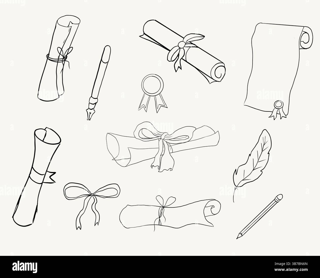 Graduation paper roll, diploma certificate doodle line. University ...