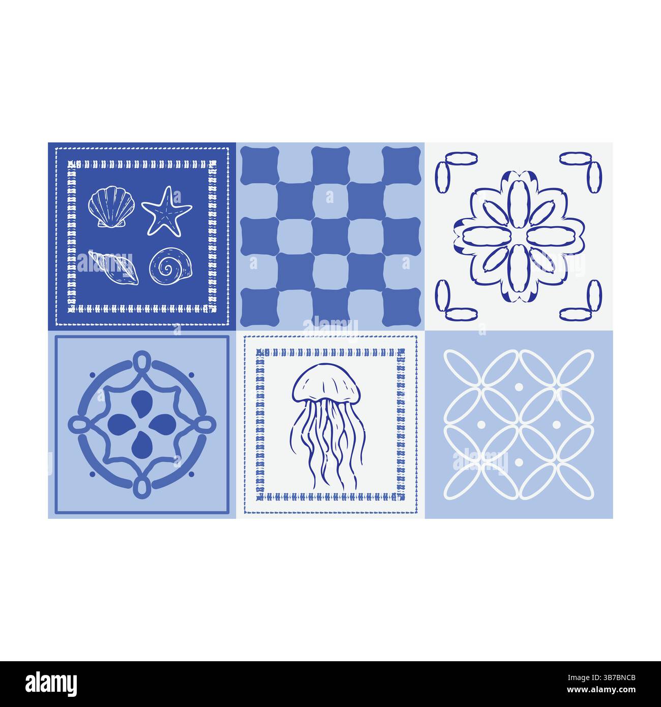 marine tile poster with shells, jellyfish, and geometric floral designs ...