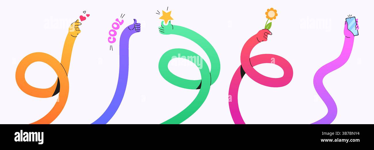 Colorful twisting gesture shapes - flexible human waving hands reach ...