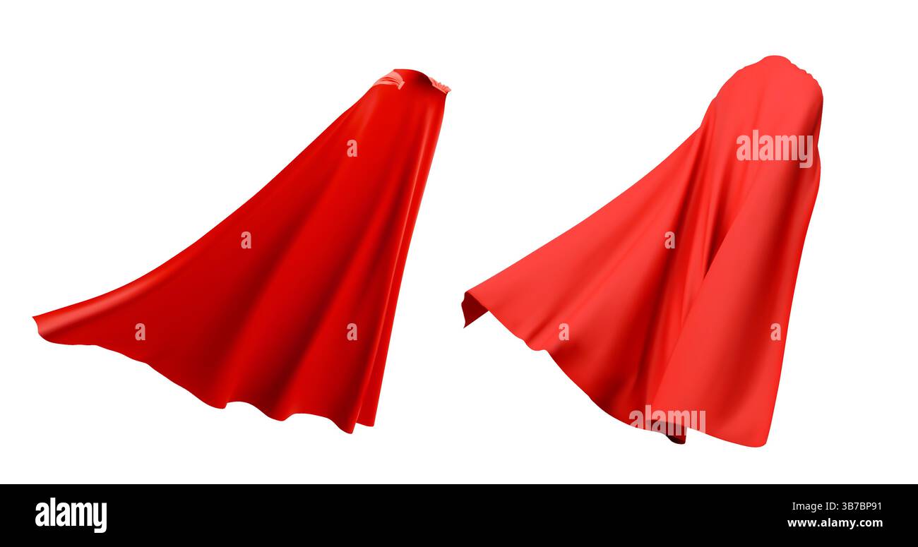 Red super hero cape mockup set angle rear view. Vivid scarlet cloak ...
