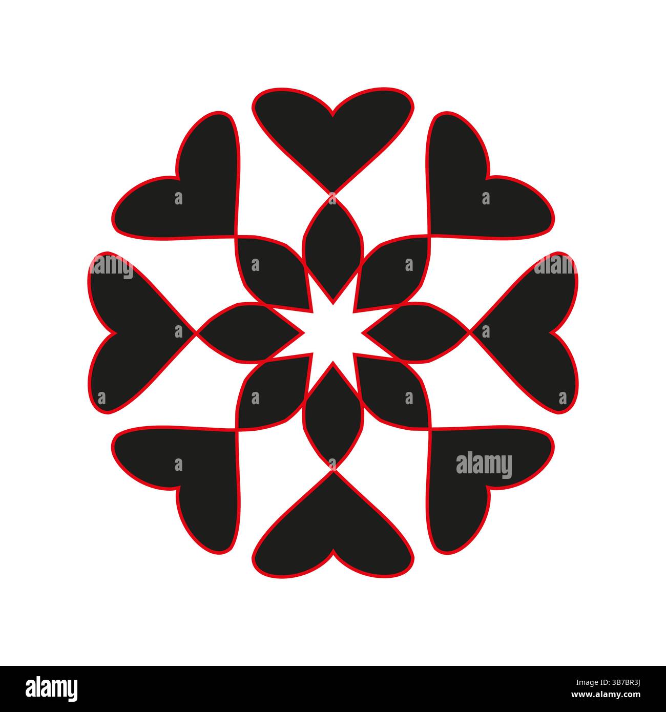 Heart pattern illustration. Floral symmetry design. Black red contrast ...