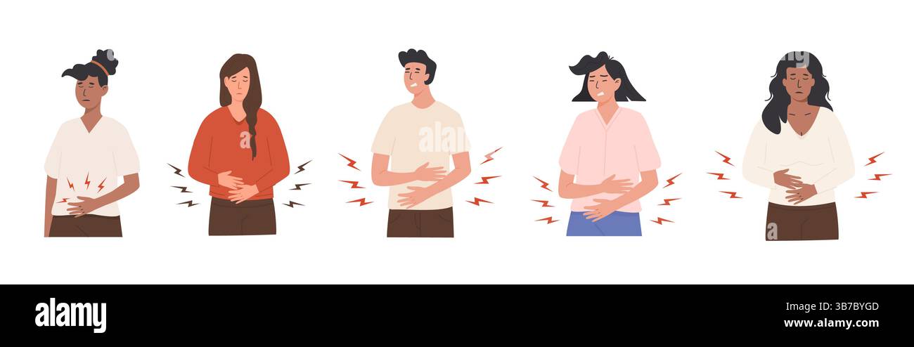 Set of people suffering from stomach ache and holding hands on belly ...