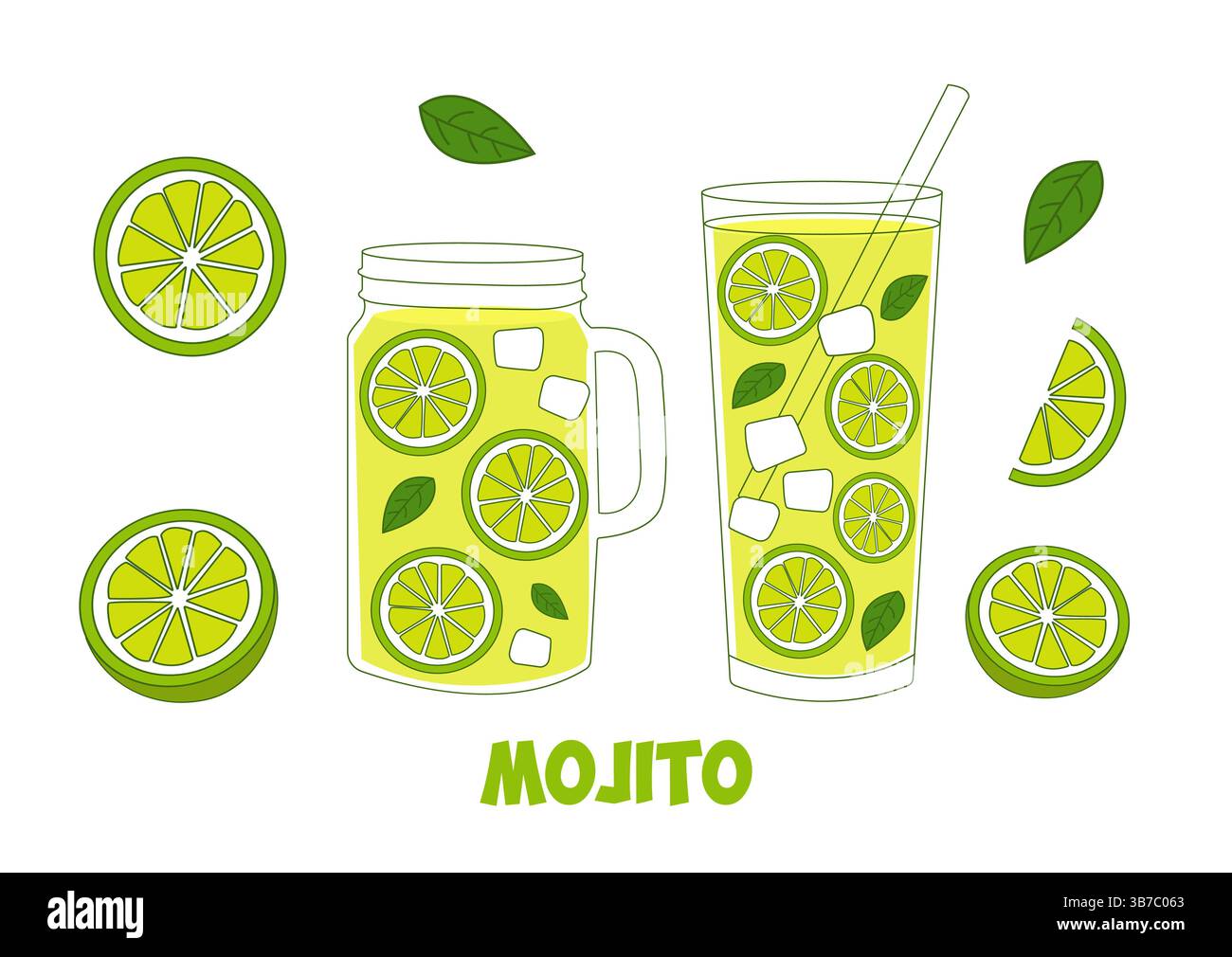 Refreshing mojito with fresh mint and lime slices. Vector illustration ...