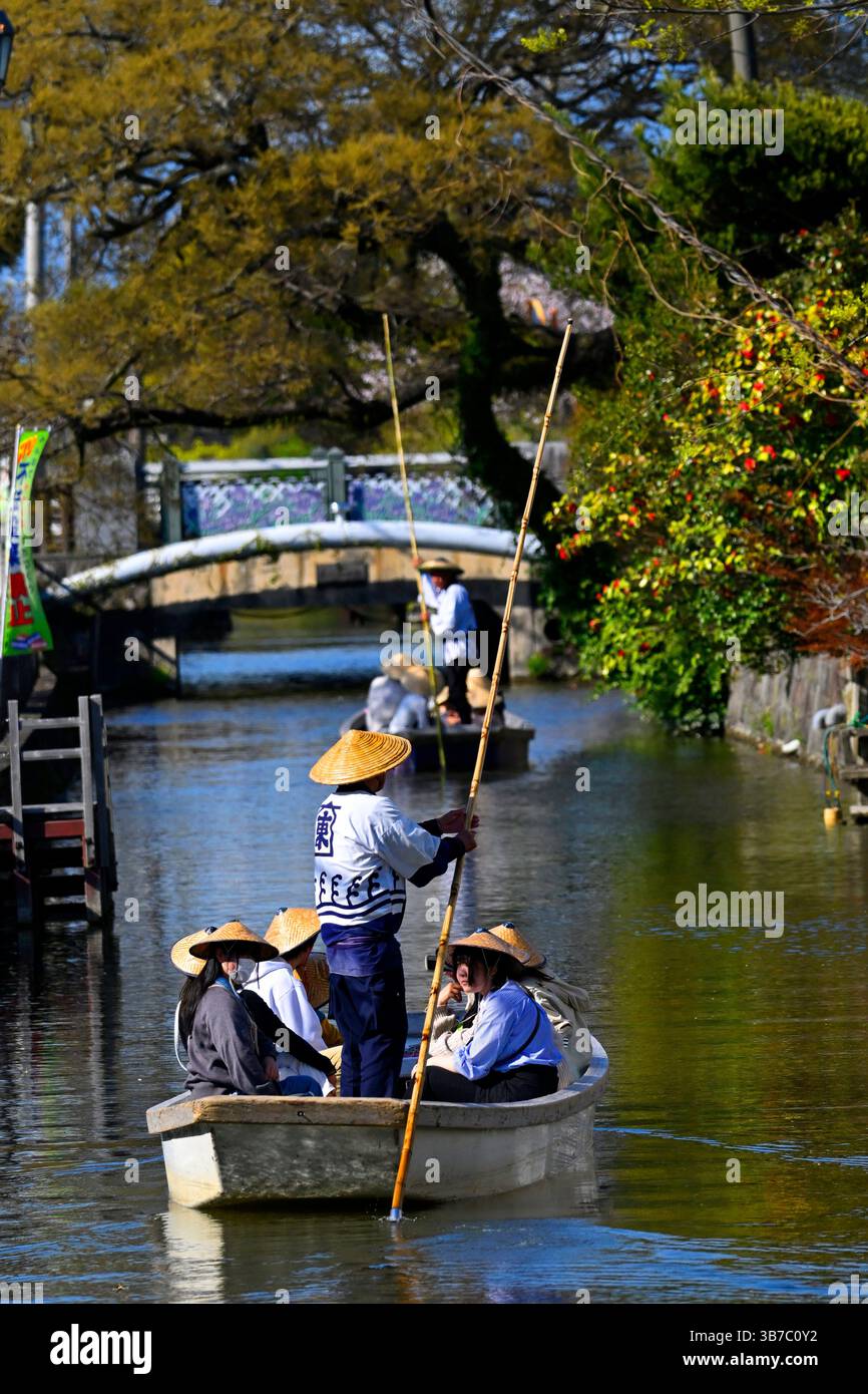Boatman of Yanagawa, who punt traditional boats known as donko-bune ...