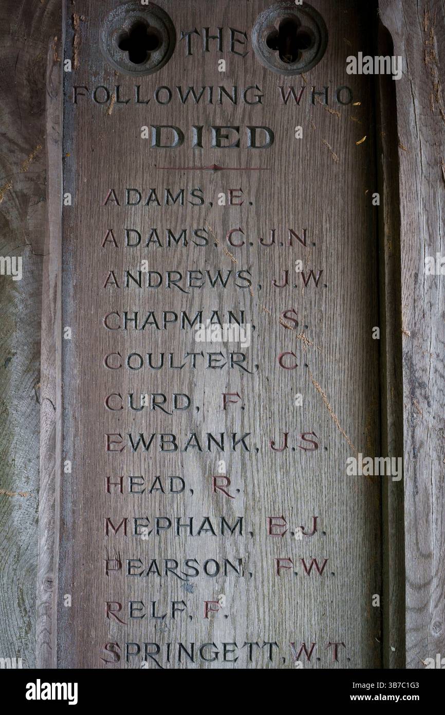 The names of local men, killed during WW1 are carved into the wood of ...