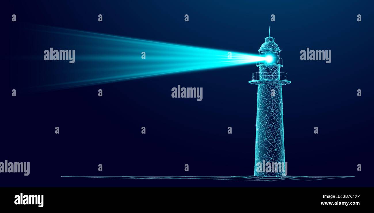 Digital lighthouse. Bright beam on dark blue technology background ...