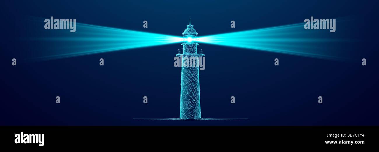 Digital lighthouse with bright beam on dark blue technology background ...