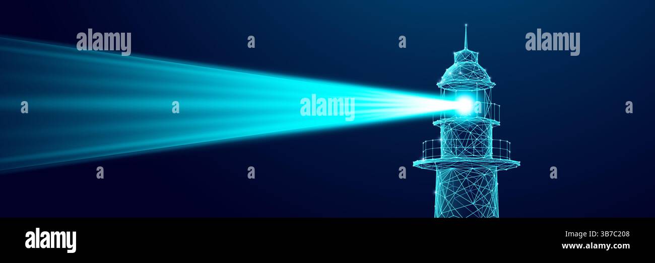 Close-up lighthouse. Bright beam on dark blue technology background ...