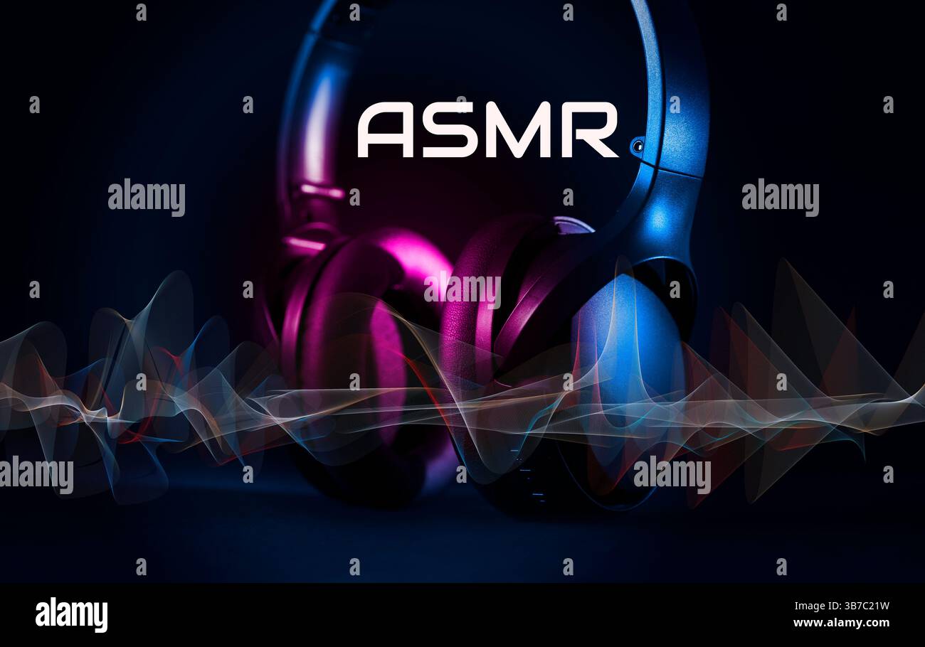 ASMR media (autonomous sensory meridian response). Headphones in neon ...