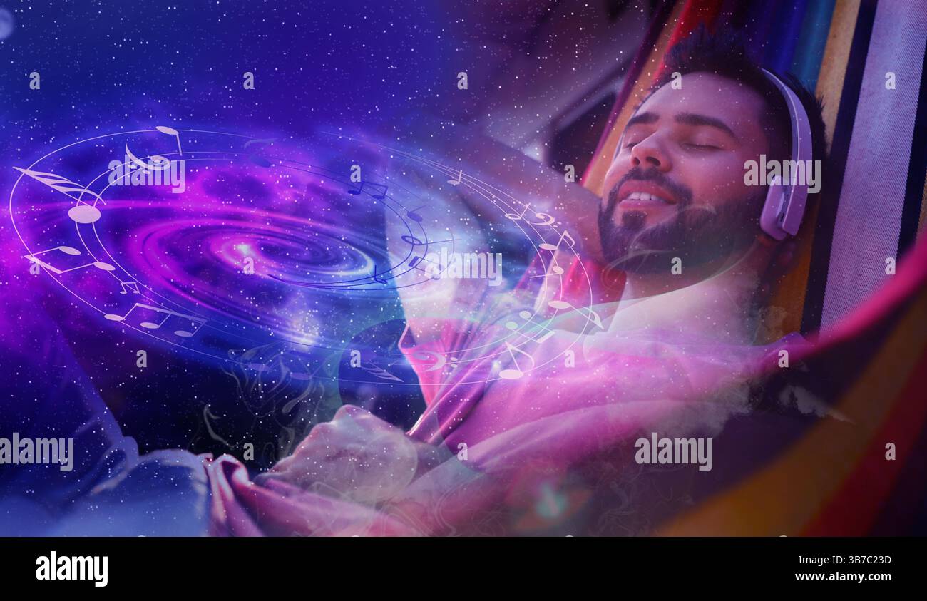 Autonomous sensory meridian response. Man with headphones enjoying ASMR ...