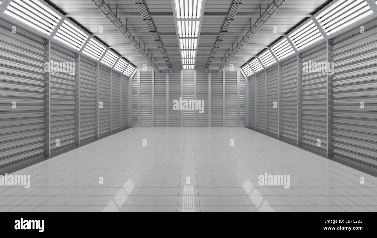 Expansive, pristine storage area features high ceilings and bright ...