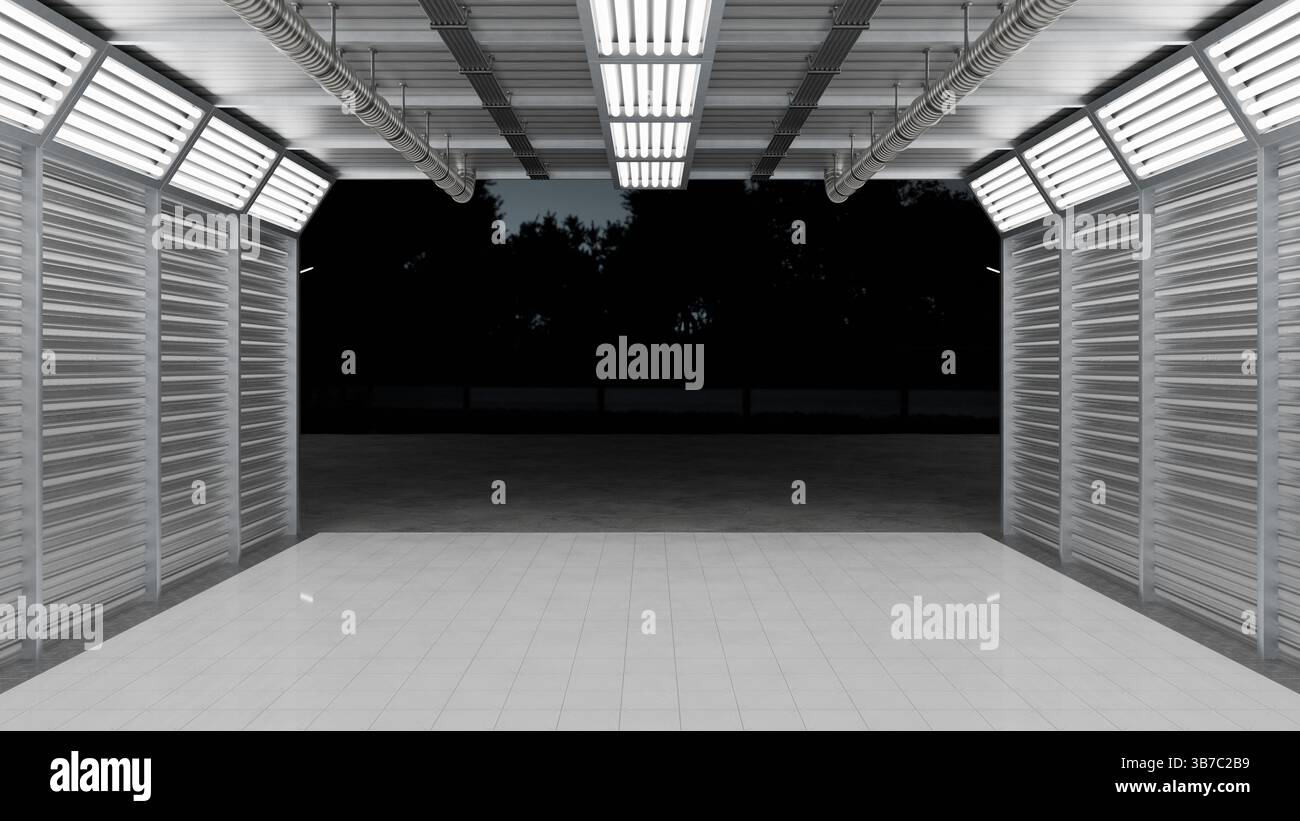 Brightly lit modern storage facility features sleek metallic walls and ...